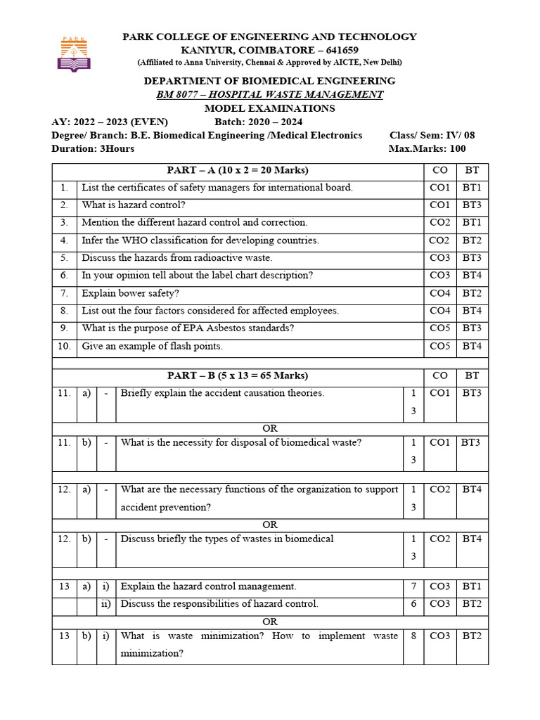 IV Year HWM Model Exam QP | PDF | Waste | Biomedical Engineering