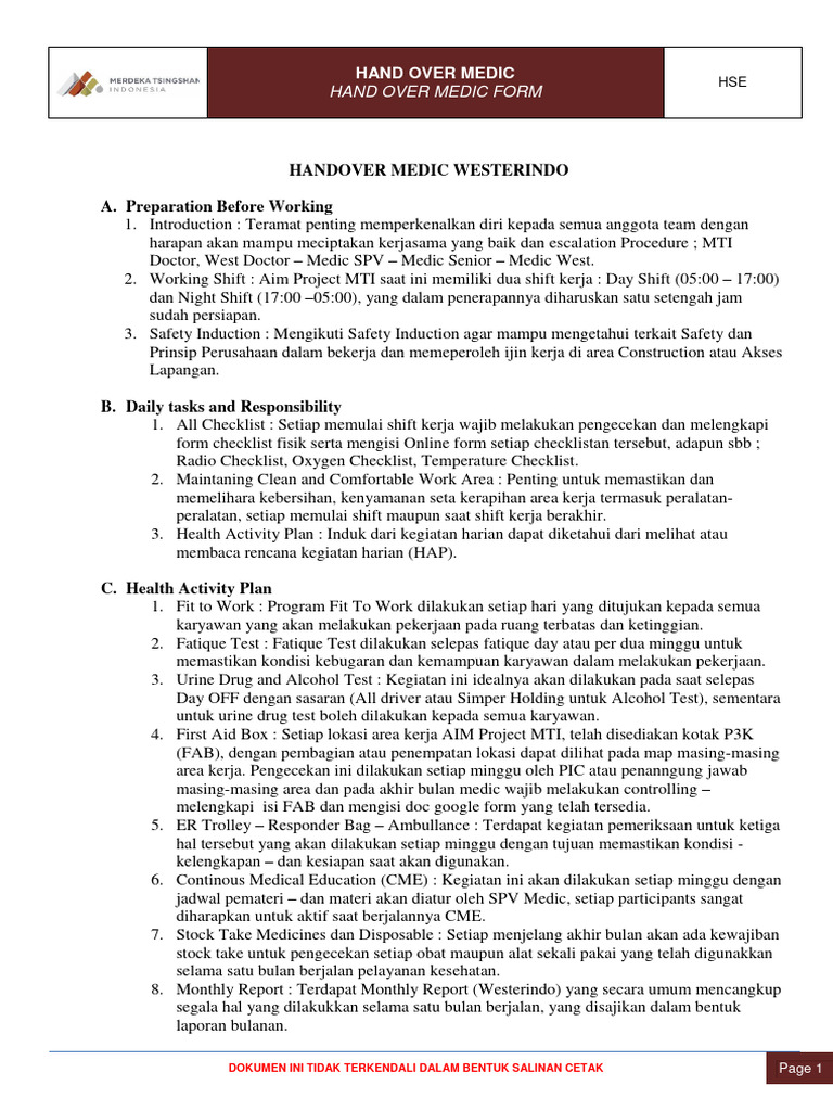 Handover Medic Westerindo | PDF