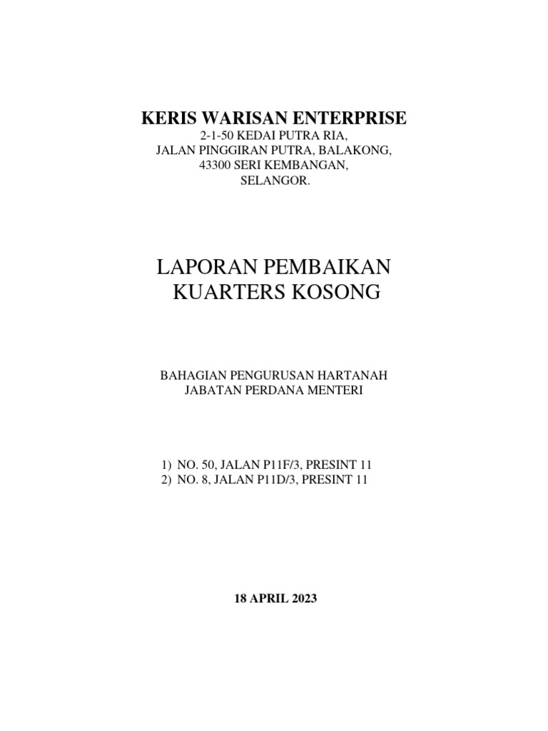 Laporan Pembaikan Pembaikan Kuarters Kosong - No 50 and No 8 | PDF