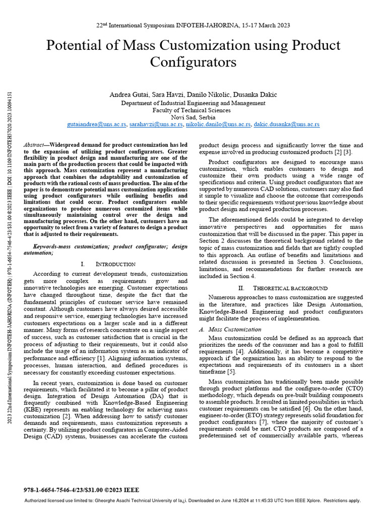 Potential of Mass Customization Using Product Configurators | PDF | Automation | Computer Aided ...