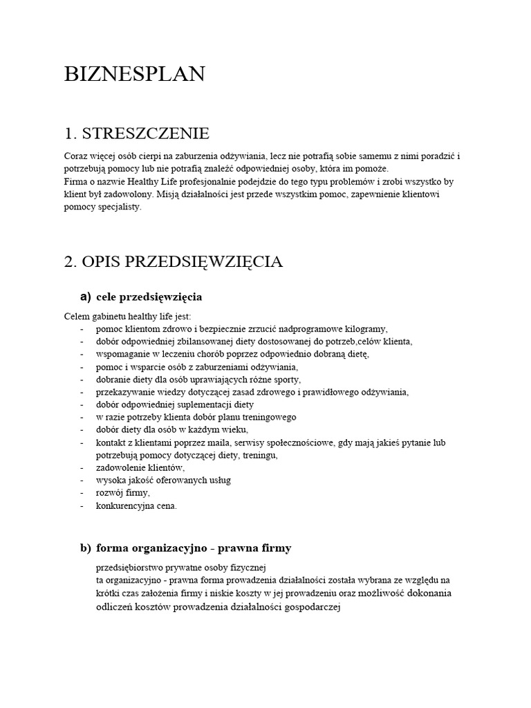 Biznes Plan Gabinet Dietetyczny Healthy Life | PDF