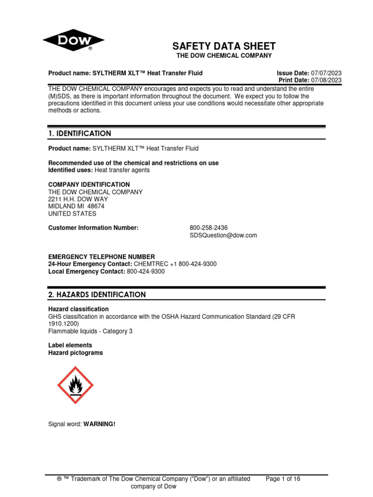 SYLTHERM XLT™ Heat Transfer Fluid SDS | PDF | Dangerous Goods | Toxicity
