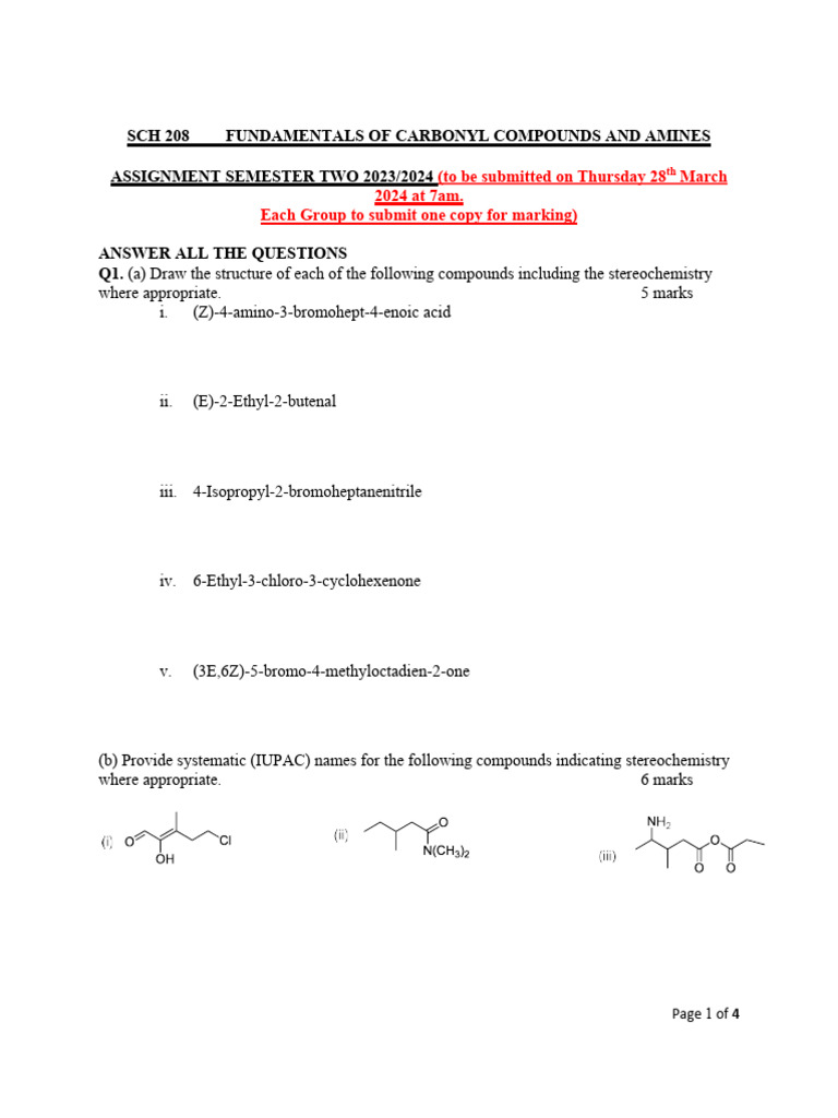 SCH 208 Assignment March 2024 GROUP | PDF | Acid | Amino Acid