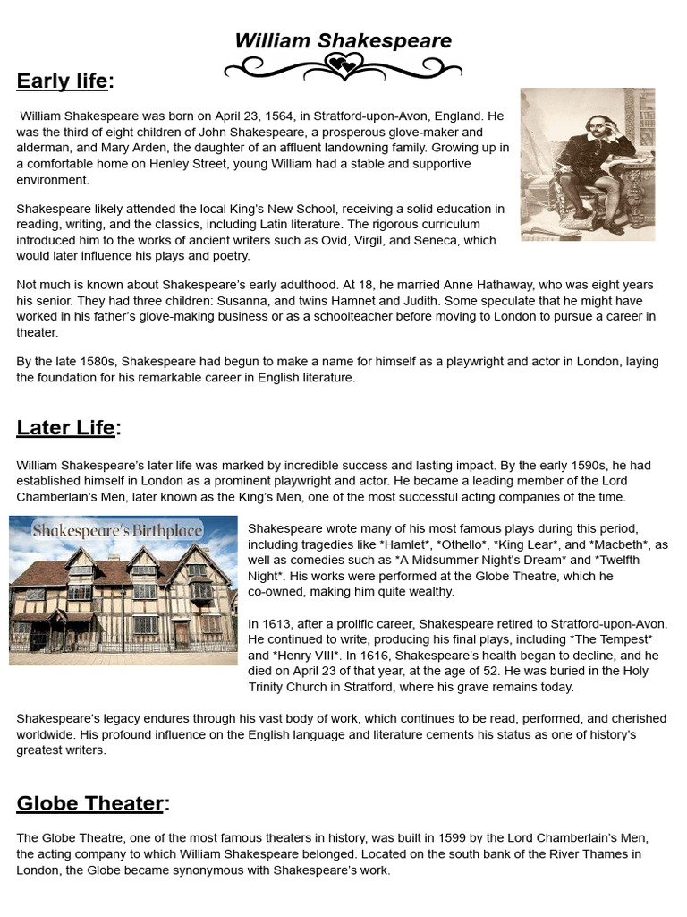 Shakespeare's Life and Works Overview | PDF | William Shakespeare | The ...