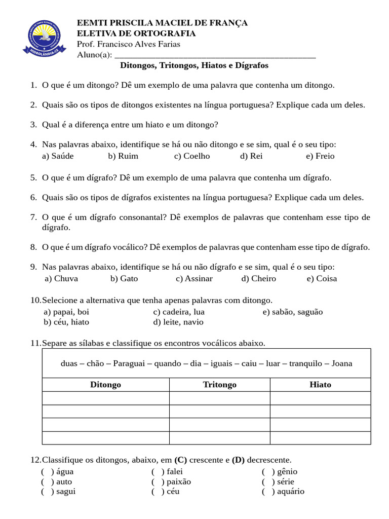 Ditongos, Hiatos e Dígrafos em Português | PDF | Vogal | Fonética
