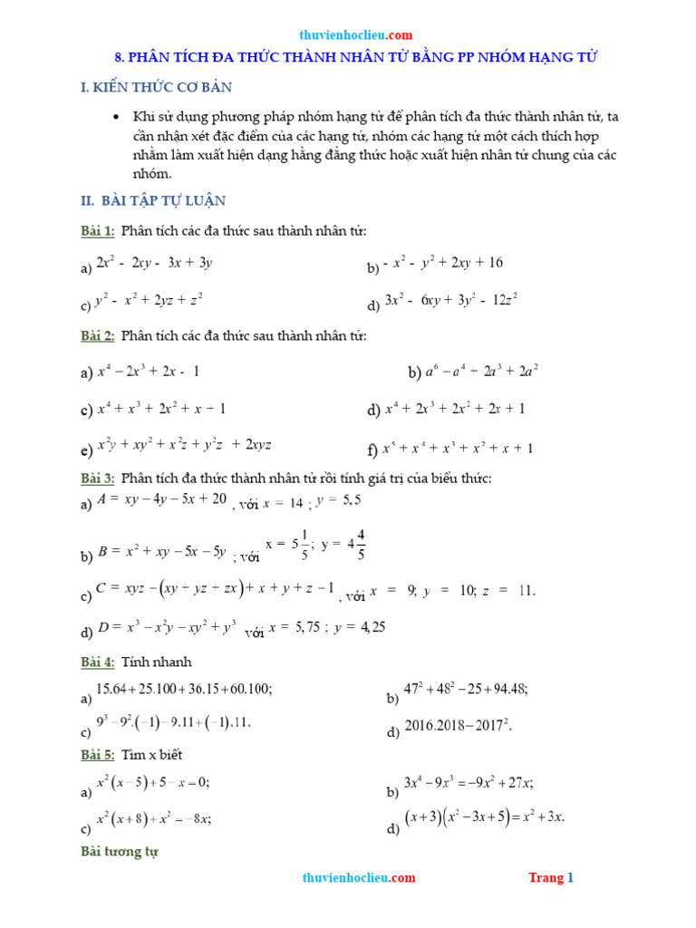 thuvienhoclieu.com-Bai-tap-Toan-Lop-8-PHAN-TICH-DA-THUC-THANH-NHAN-TU-BANG-PP-NHOM-HANG-TU | PDF