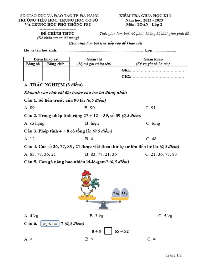 ĐỀ TOÁN 2 - GK1 | PDF