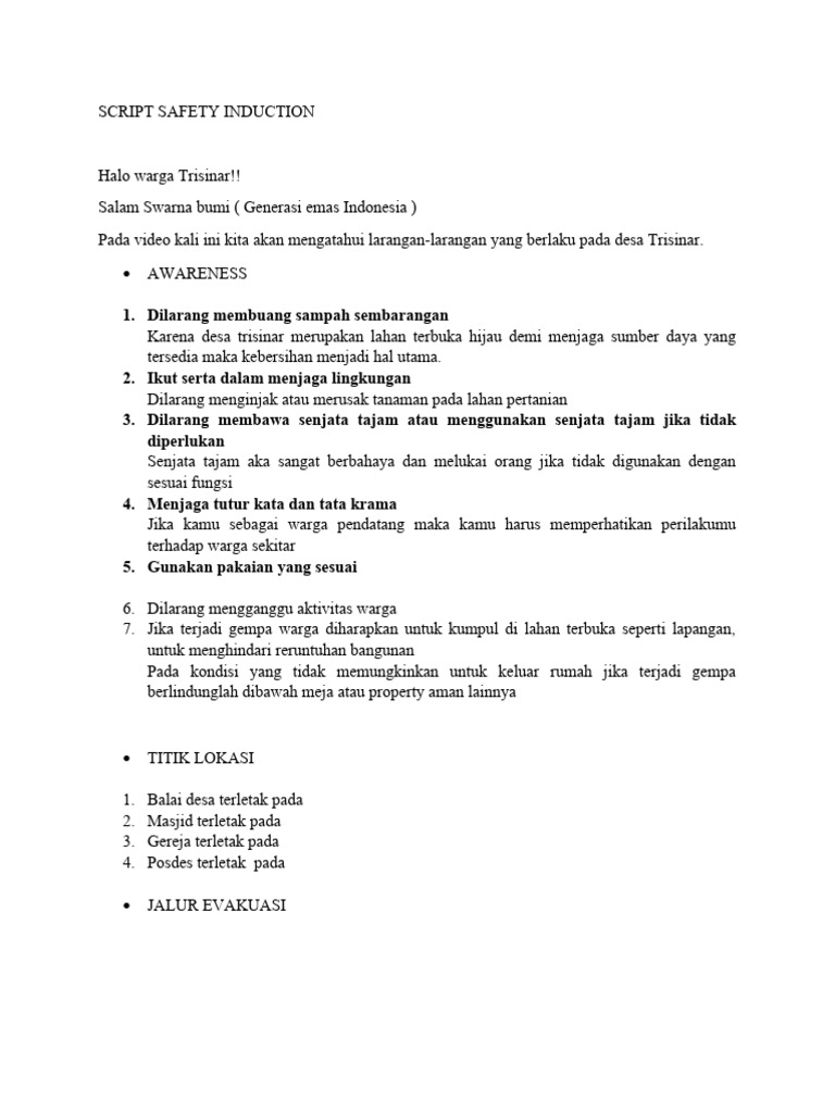 Script Safety Induction Kel 184 | PDF