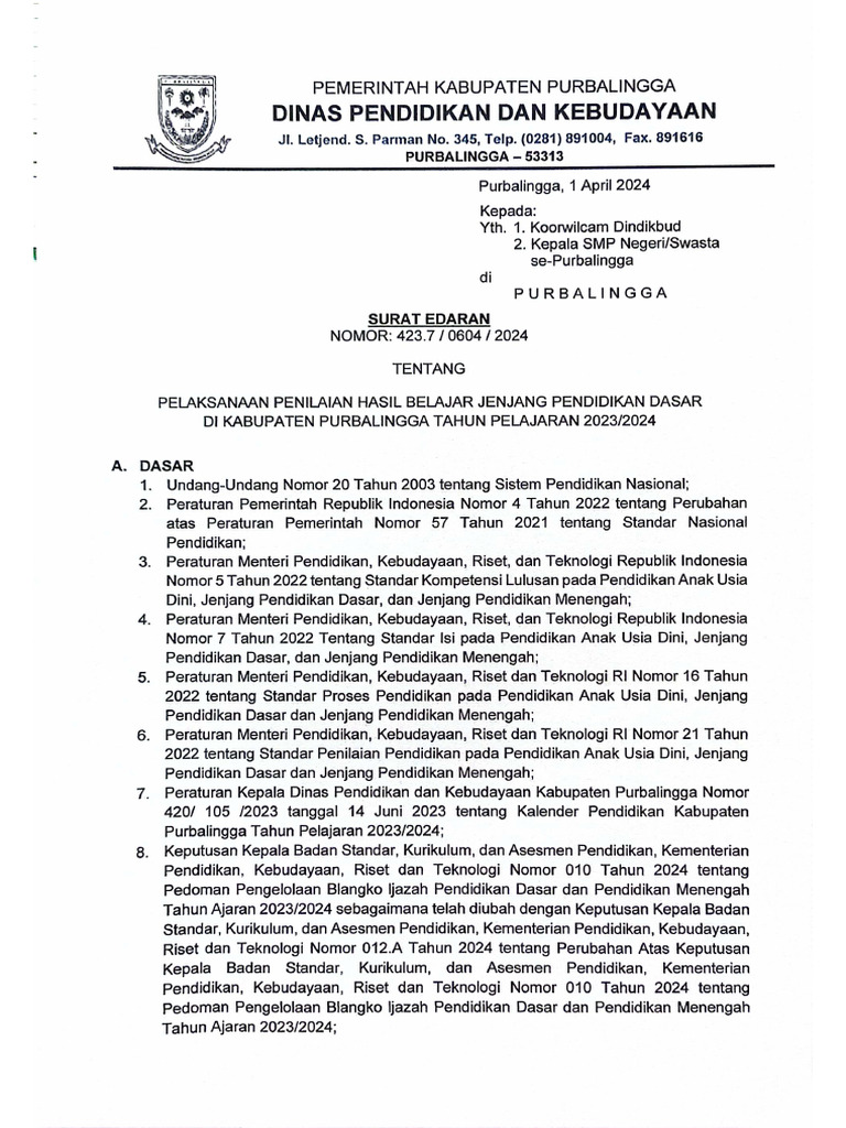 SE Pelaksanaan Penilaian Hasil Belajar Jejang Dikdas | PDF