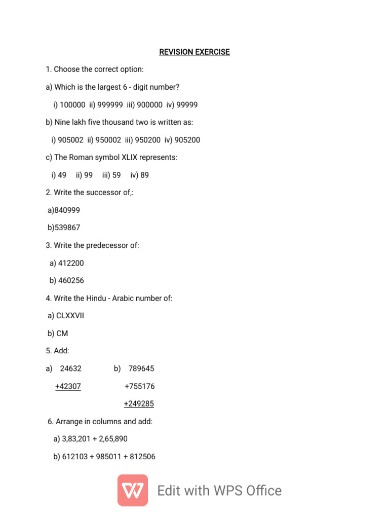 Class 4 Maths Revision Exercise | PDF