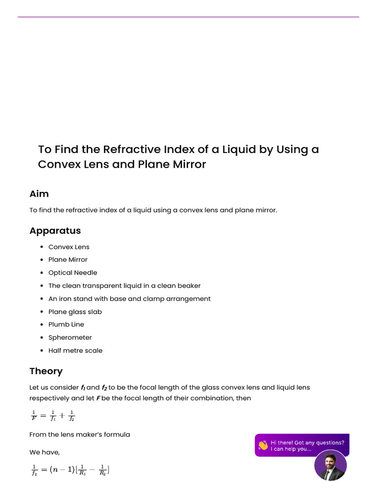 Refractive Index of Liquid Experiment | PDF | Refractive Index | Mirror