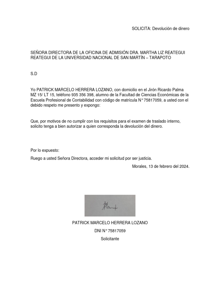 Solicitud de Devolución de Dinero | PDF