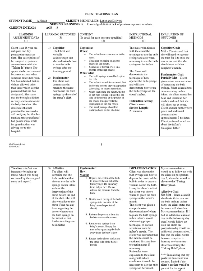 Teaching Plan - Bulb Syringe - A.Hadad | PDF | Nursing | Behavioural Sciences