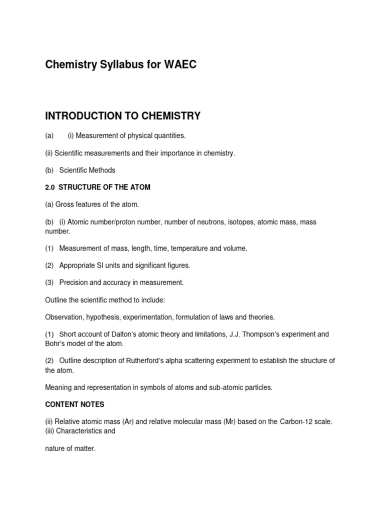 Chemistry Syllabus For WAEC | PDF | Gases | Electrochemistry