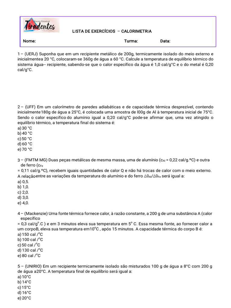 Lista de Exercícios - Calorimetria | PDF | Calor | Calorimetria
