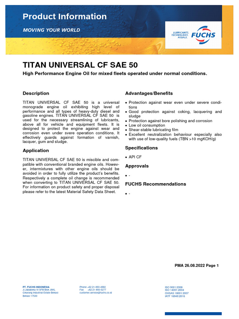 TITAN UNIVERSAL CF SAE 50 Overview | PDF | Motor Oil