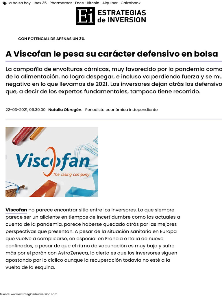 Viscofan - Carácter Defensivo en Bolsa y Potencial Del 3% | PDF ...