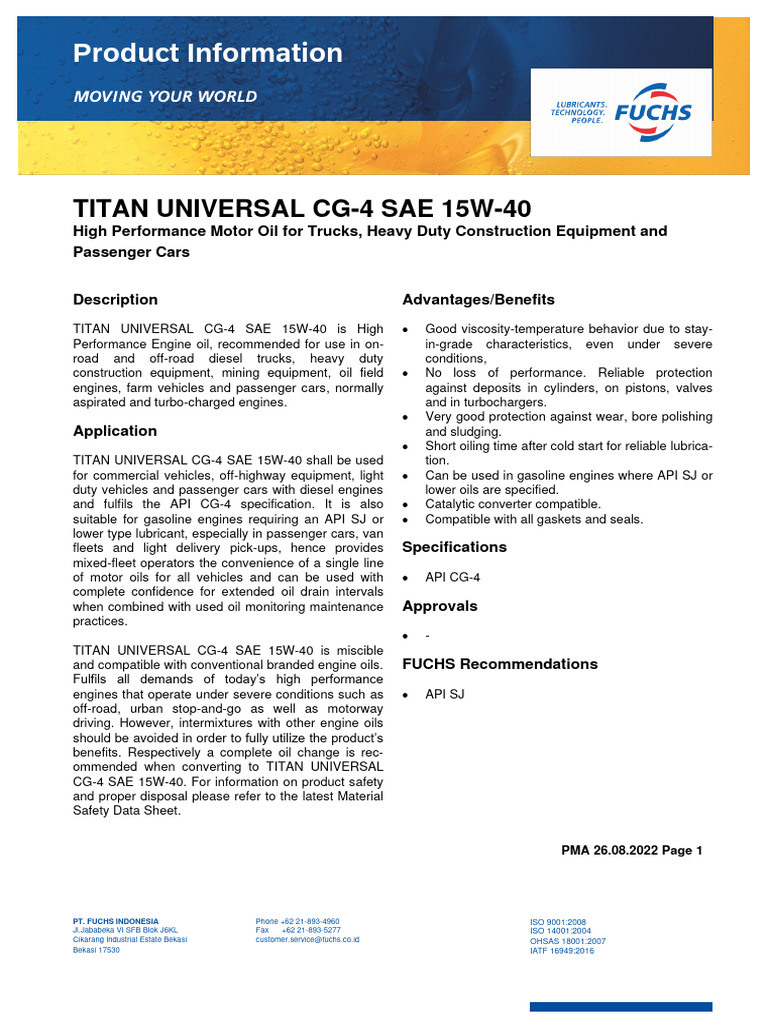 TITAN UNIVERSAL CG-4 SAE 15W-40 Oil | PDF | Motor Oil | Engines