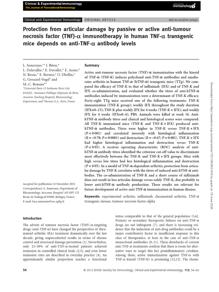 Protection From Articular Damage by Passive or Active Anti-Tumour Necrosis Factor (TNF) - Mice ...