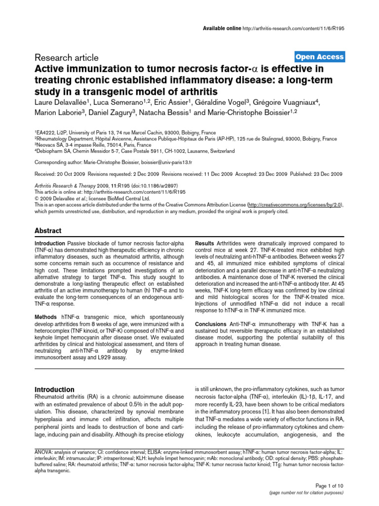 Active immunization to tumor necrosis factor-α is effective in treating ...