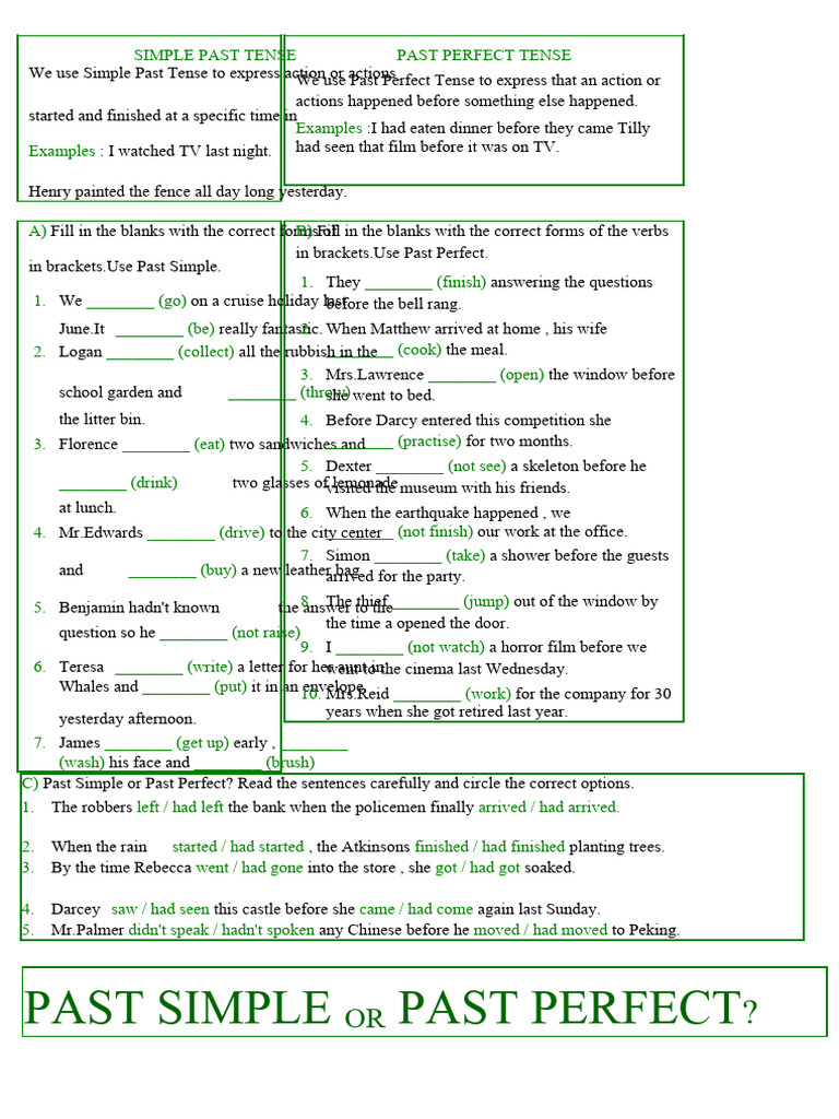 LESSON Simple Past or Past Perfect Tense Grammar Exercises Worksheet 3 ...