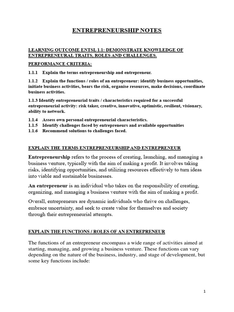 Key Traits and Roles of Entrepreneurs | PDF | Entrepreneurship ...