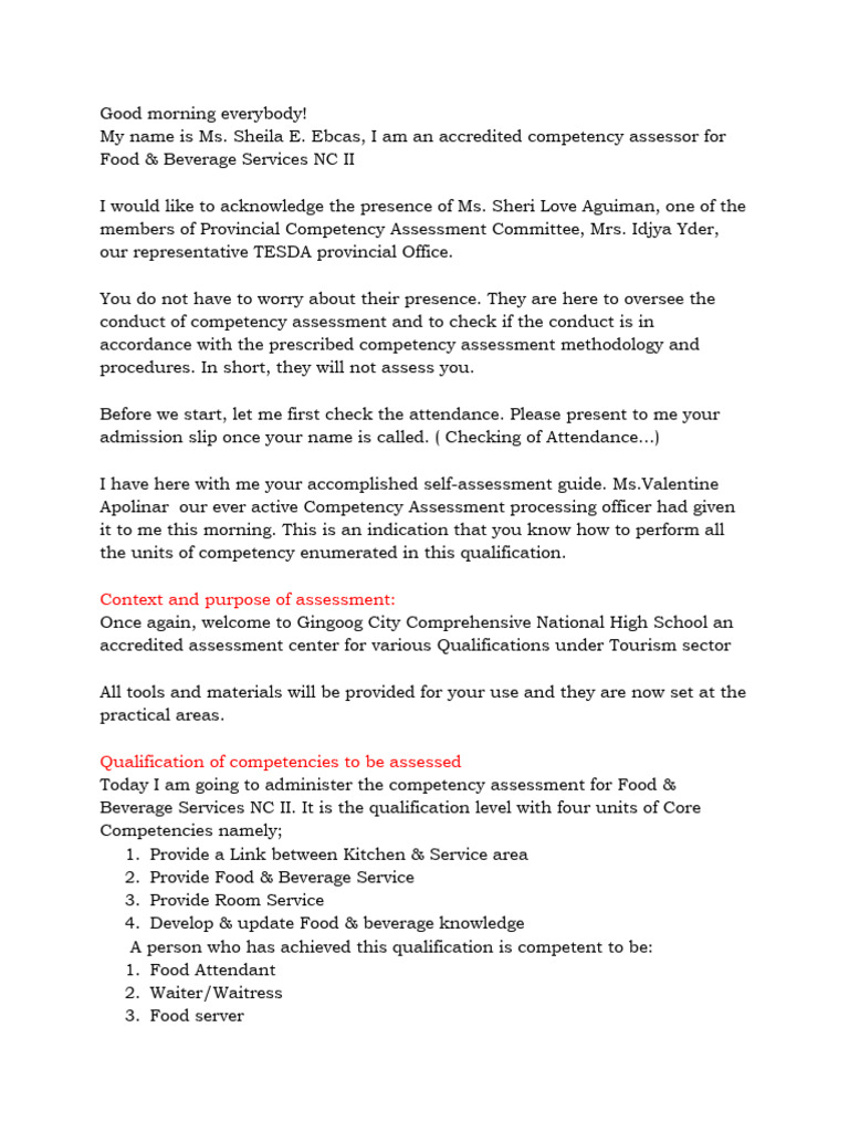 Conduct Assessment Script Sample | PDF | Waiting Staff | Restaurants