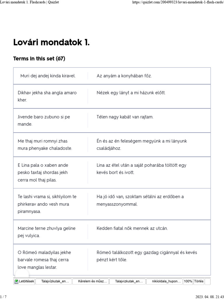 Lovári Mondatok 1. Flashcards Quizlet | PDF