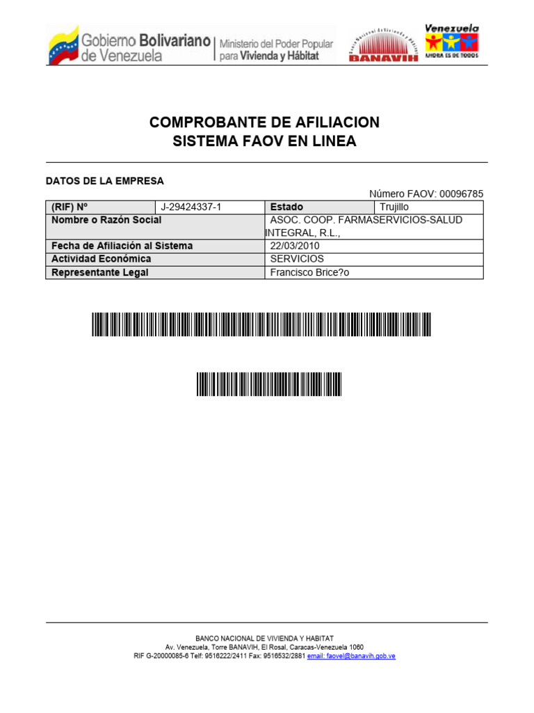 Comprobante de Afiliacion Sistema Faov en Linea | PDF | Auditoría ...
