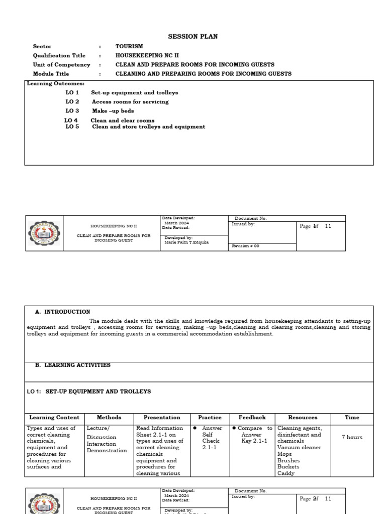 EDQUILA M Final SESSION PLAN 1 | PDF | Housekeeping | Cleaning