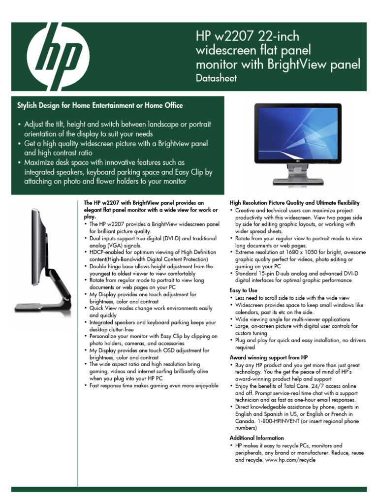 HP w2207 LCD | PDF | Computer Monitor | Display Resolution