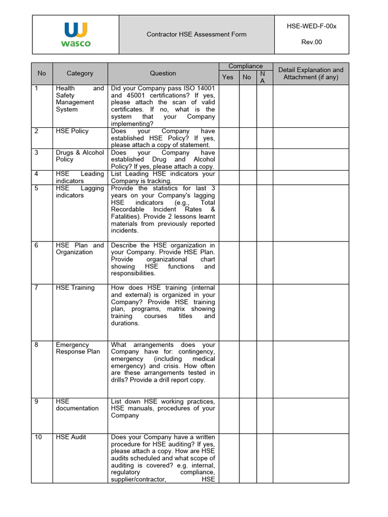 Contractor HSE Assessment Form | PDF | Risk | Audit