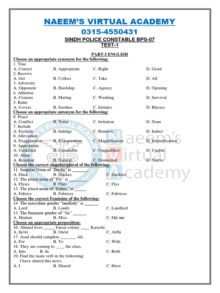 Constable Test 1 | PDF | Sindh | Pakistan