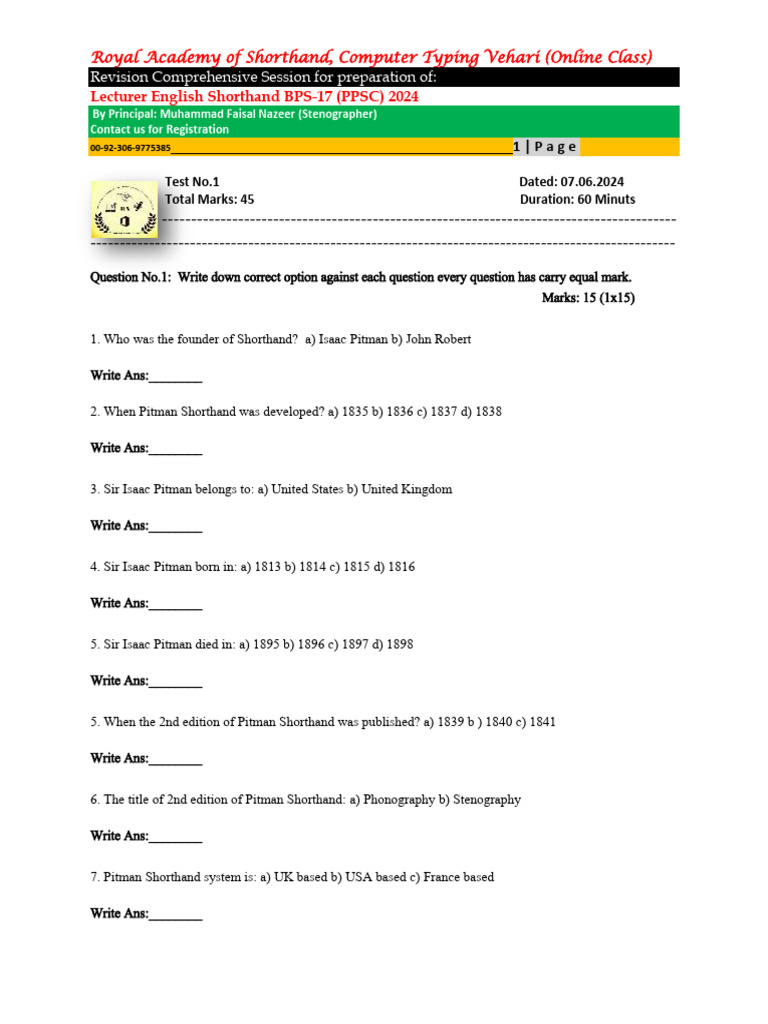 Test No.1 (07-04-2024) | PDF | Shorthand | Notation