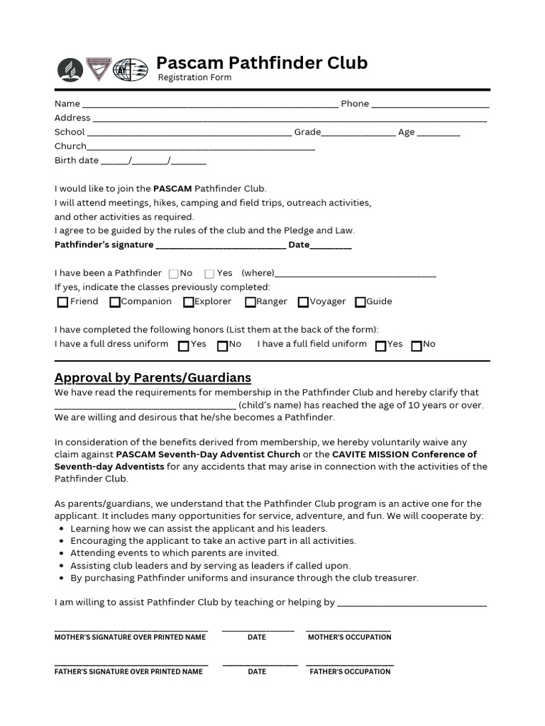 Pascam Pathfinder Club Registration | PDF