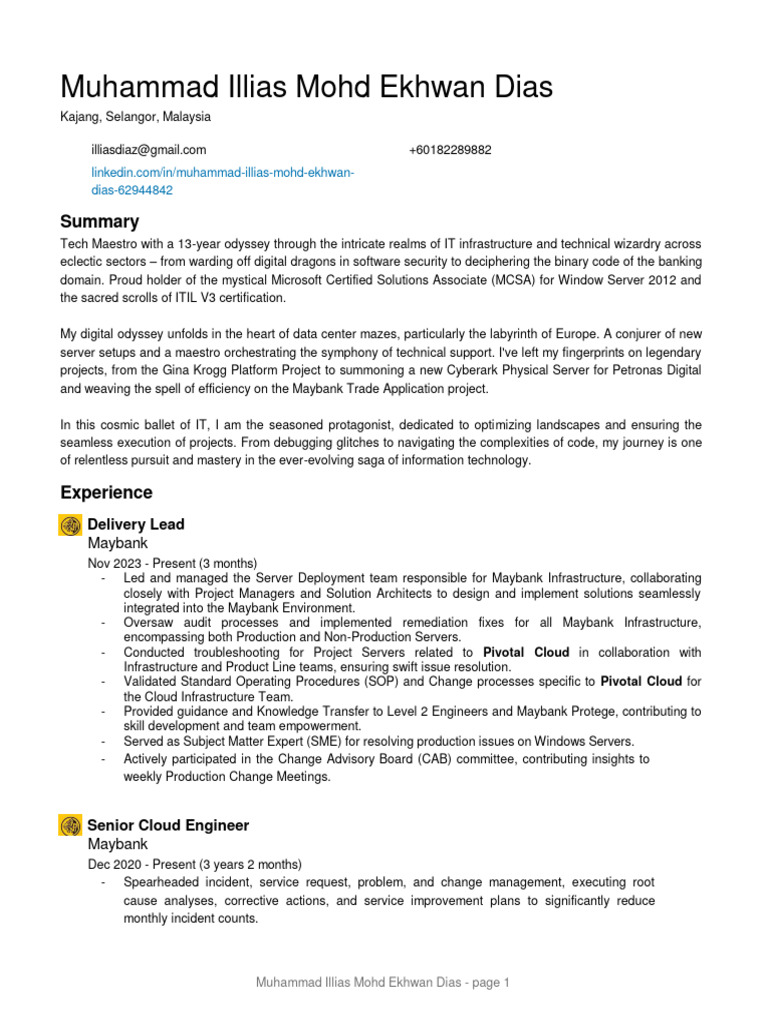 Muhammad Illias Mohd Ekhwan Dias Resume 1 | PDF | Cloud Computing | Computer Security