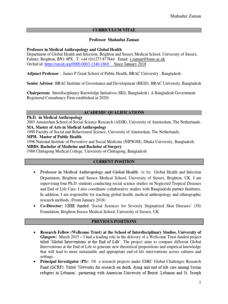 Professor Shahaduz Zaman's CV | PDF | Medical Anthropology | Anthropology