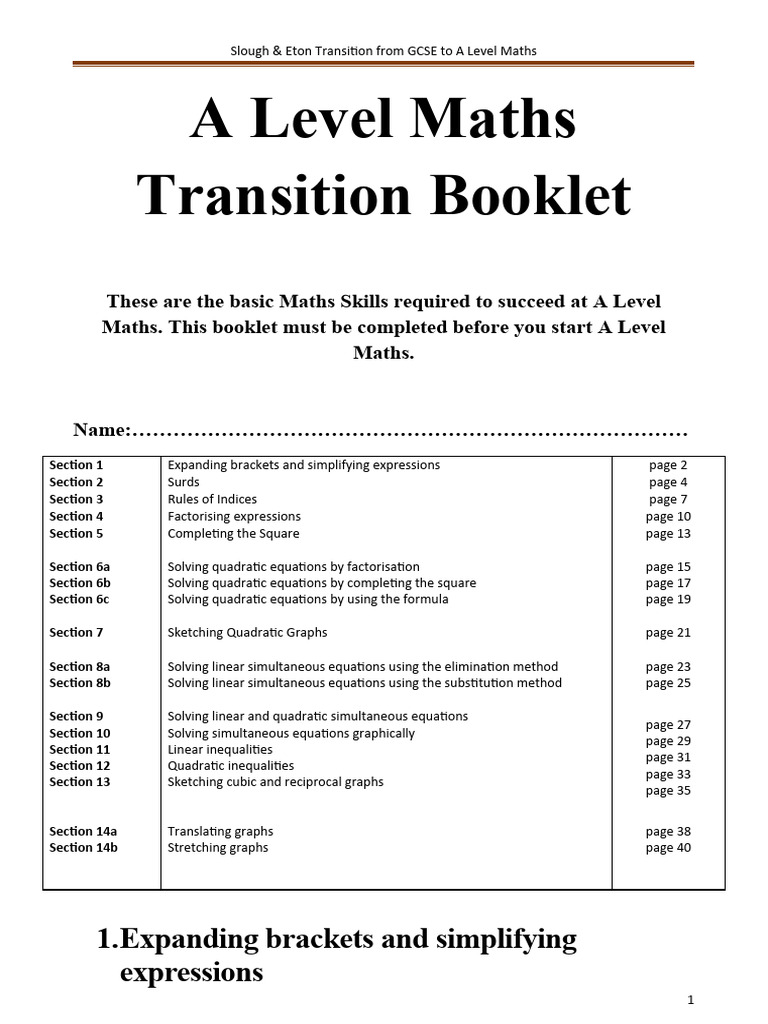 ALevel Maths Transitionbooklet | Download Free PDF | Quadratic Equation ...