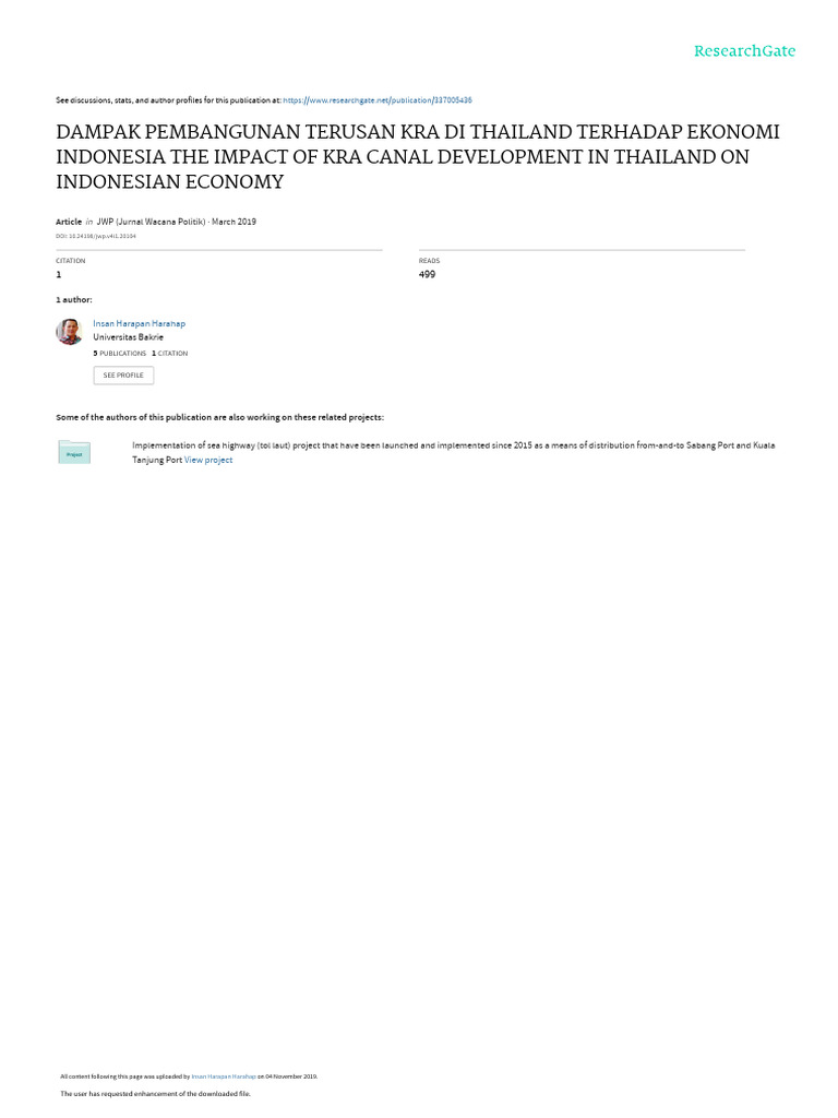 Dampak Pembangunan Terusan Kra Thailand THD Ekonomi Ind Artikel JWP Vol 4 No 1 Insan Harahap | PDF