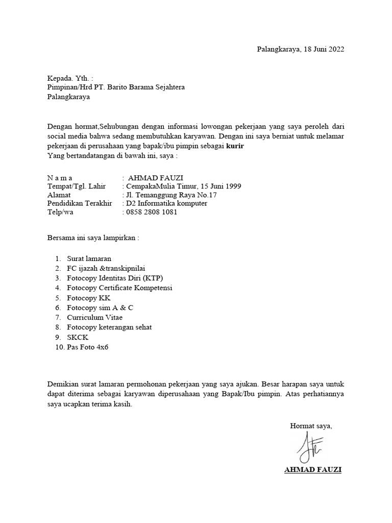 Surat Lamaran (New) 2022 PT. Swadharma Sarana Informatika | PDF