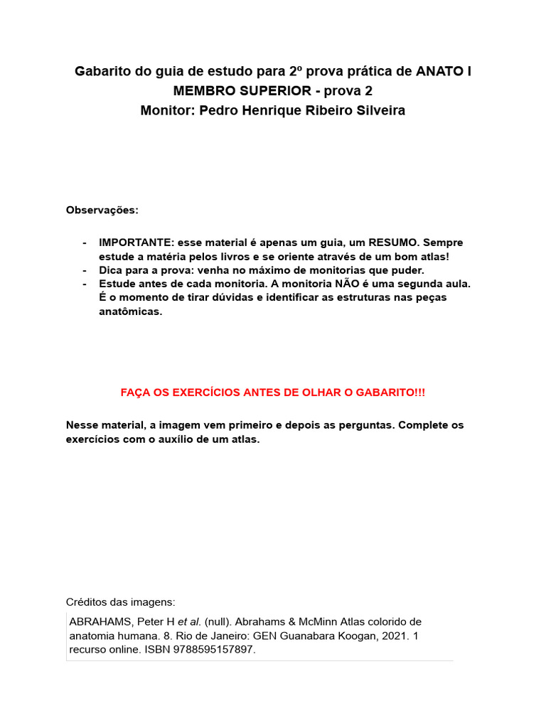 Gabarito de Guia de estudo para prova prática de ANATO I - Documentos Google | PDF | Anatomia ...