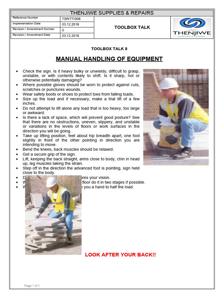 Toolbox Talk 8 - Manual Handling of Equipment_0 | PDF | Occupational Safety And Health | Foot