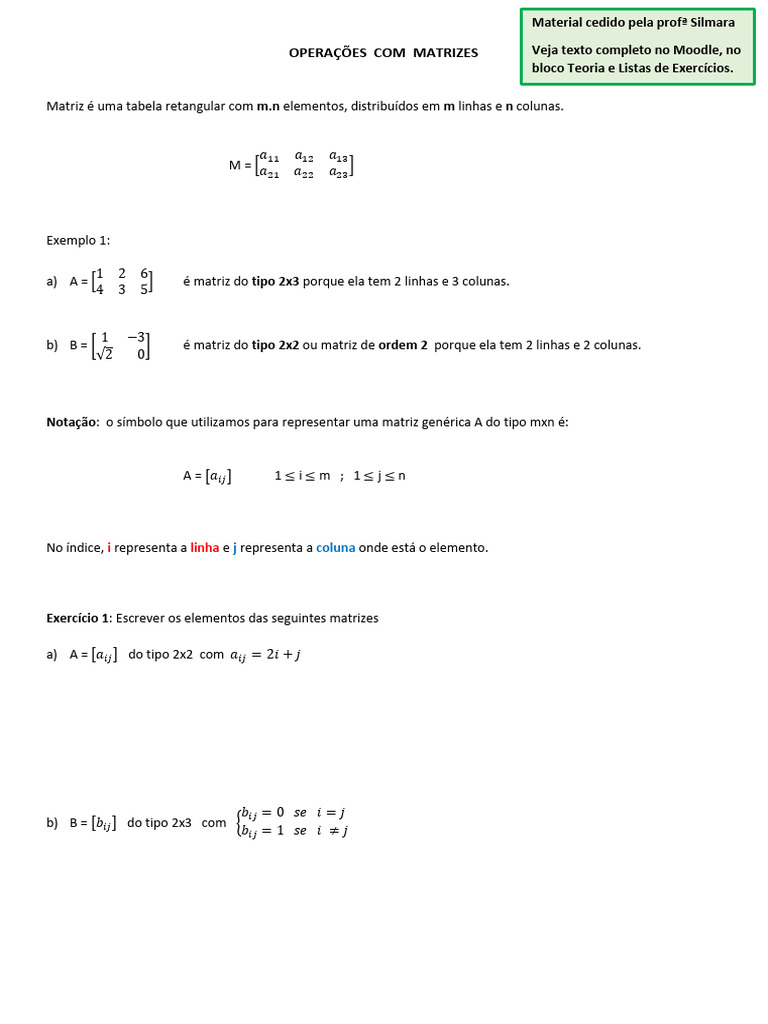 Matriz Operações | PDF | Matriz (Matemática) | Teoria da Matrix