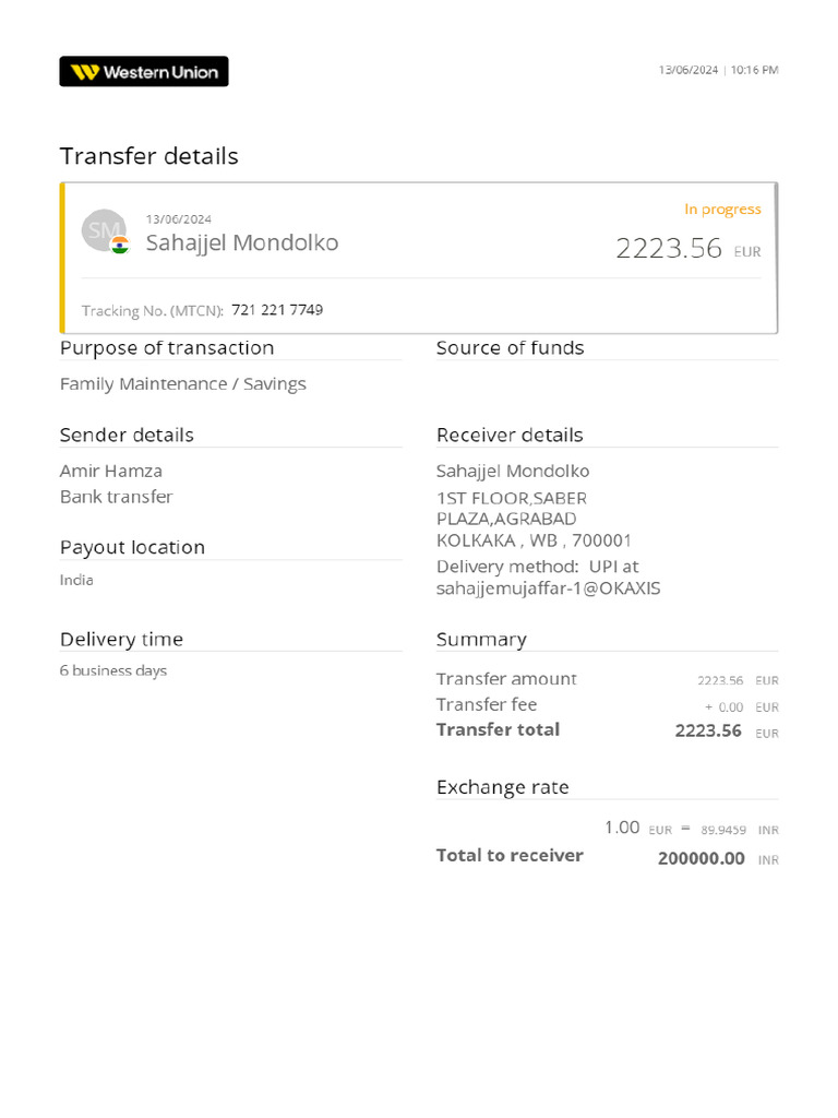 Transfer Details 7212217749 | PDF