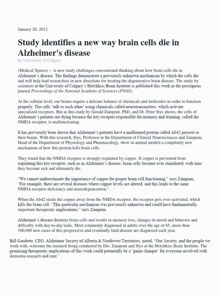 Study Identifies A New Way Brain Cells Die in Alzheimer's Disease | PDF ...