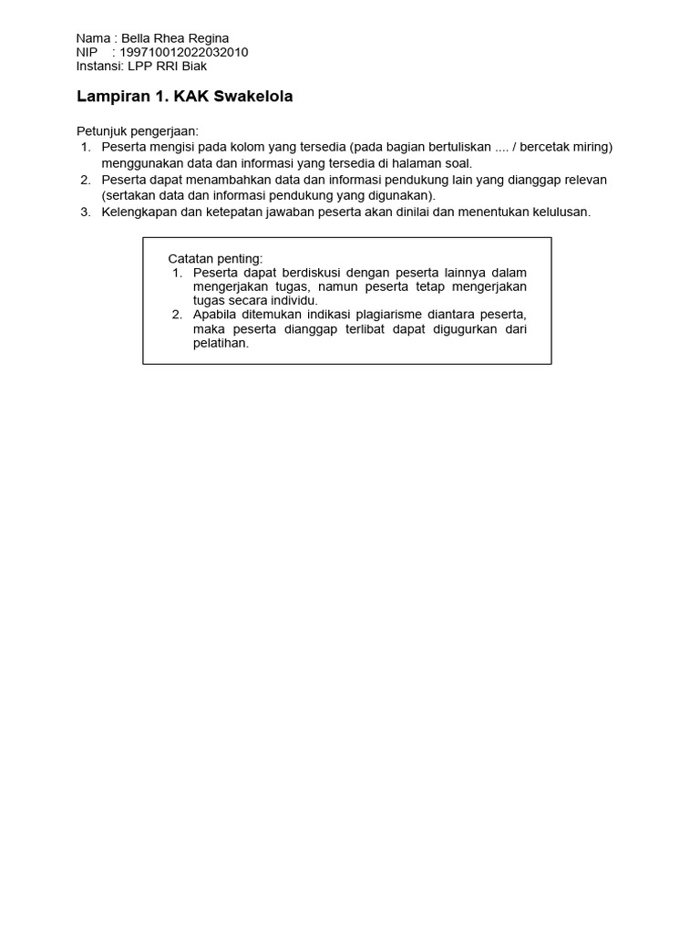 Bella Rhea Regina - Lampiran 01 - KAK Swakelola Tipe III | PDF