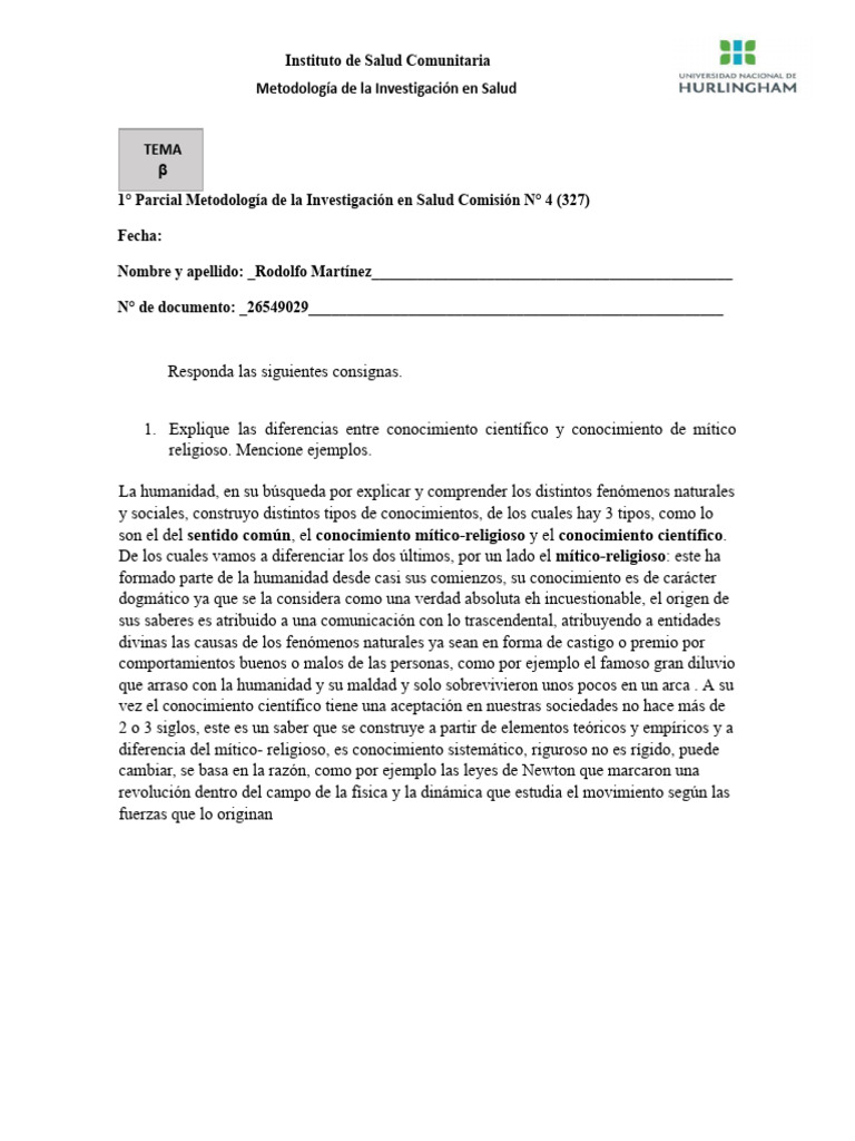 1° Parcial Metodología de La Investigación - Comisión 4 | PDF | Teoría | Conocimiento