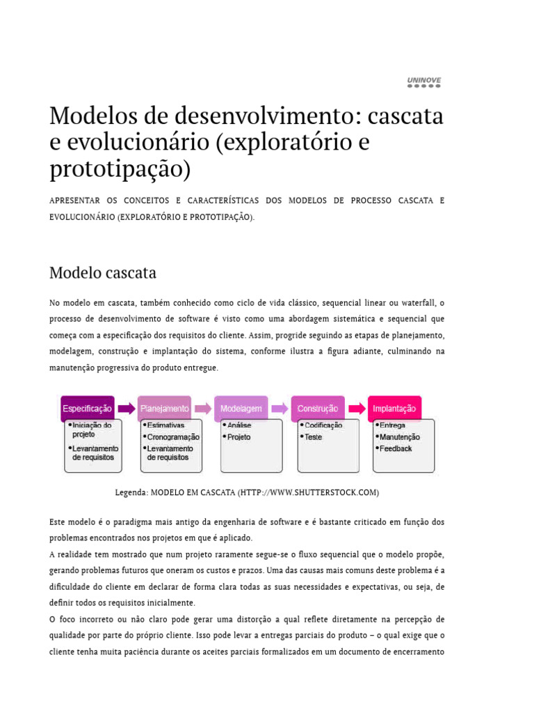 Modelos de Desenvolvimento: Cascata e Evolutivo | PDF | Engenharia de ...