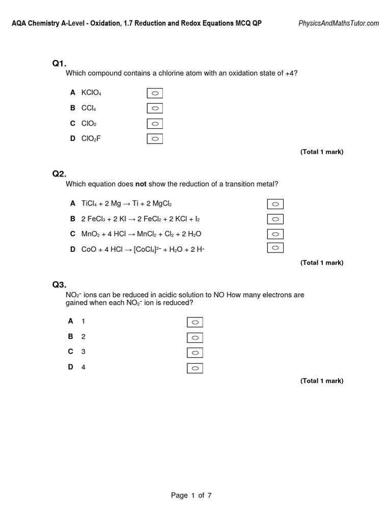 AQA A-Level Chemistry Redox MCQs | PDF | Redox | Chlorine