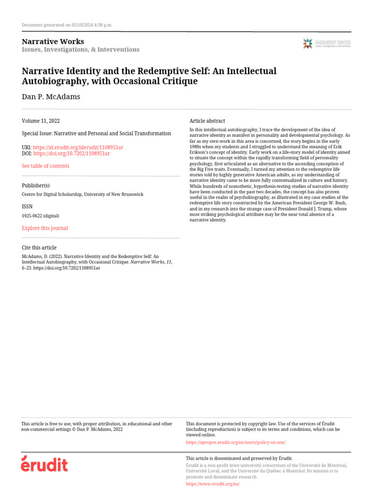 Redemptive Identity in Personal Narratives | PDF | Identity (Social ...
